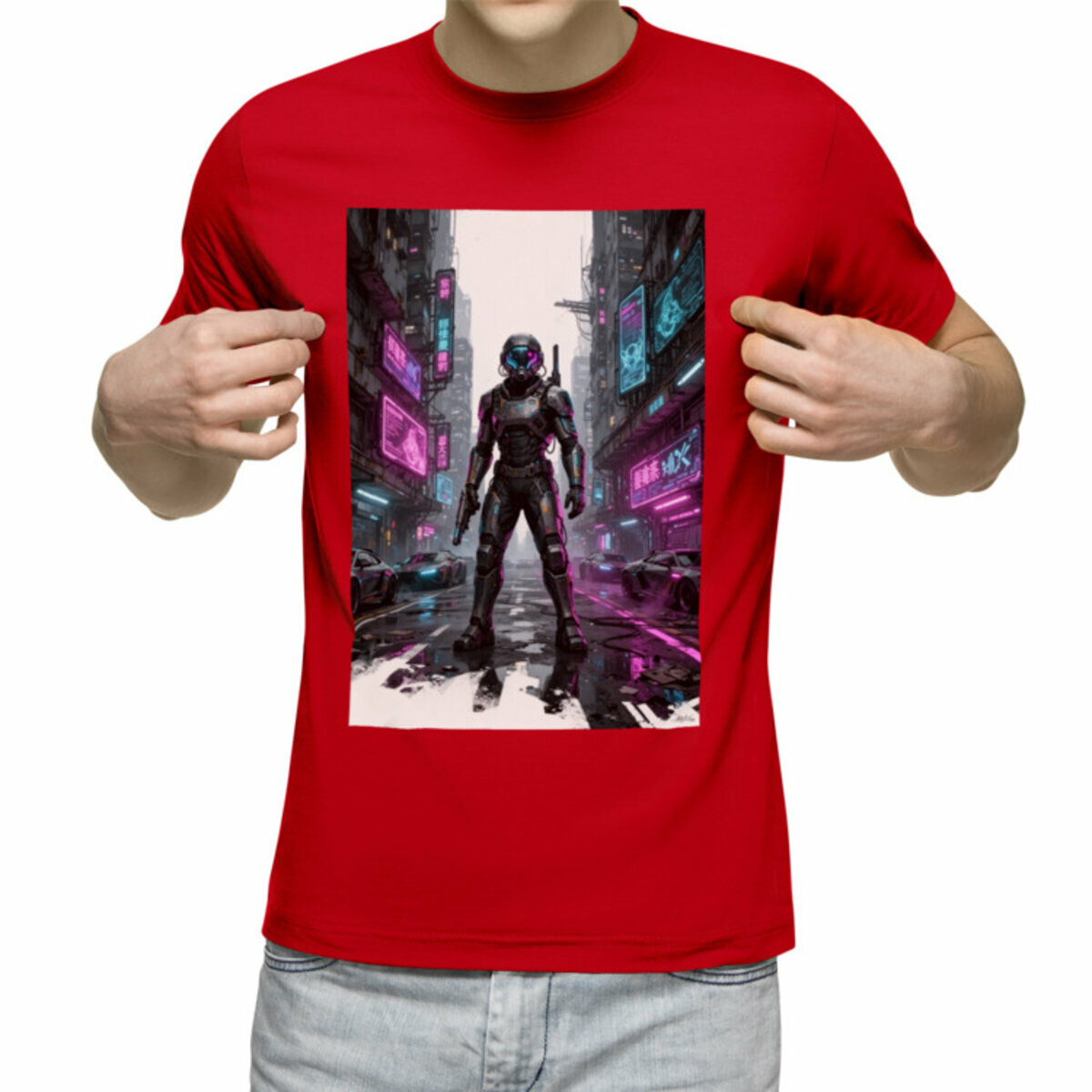 Мужская футболка «Воин киберпанка Cyberpunk» (красный, L)