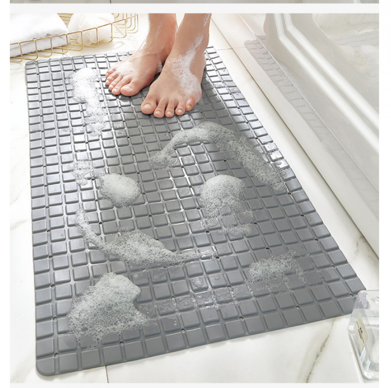 Коврик для ванной и туалета MyPads противоскользящий с присосками, резиновый прозрачный серый дренажный