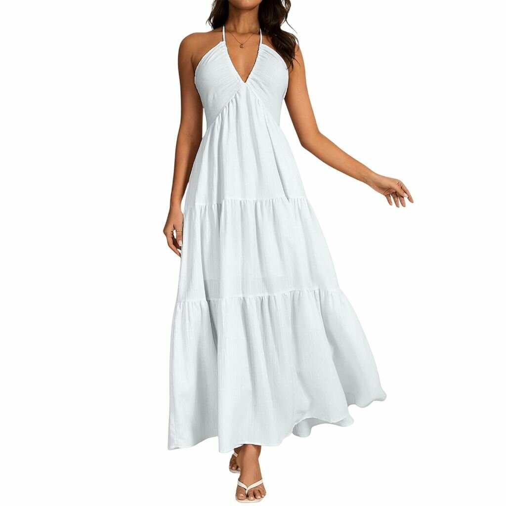 Женское платье на бретелях с подтяжками, длинное глубоким V-образным вырезом, комбинезон подтяжках А-образной формы высокой талией-белый-L