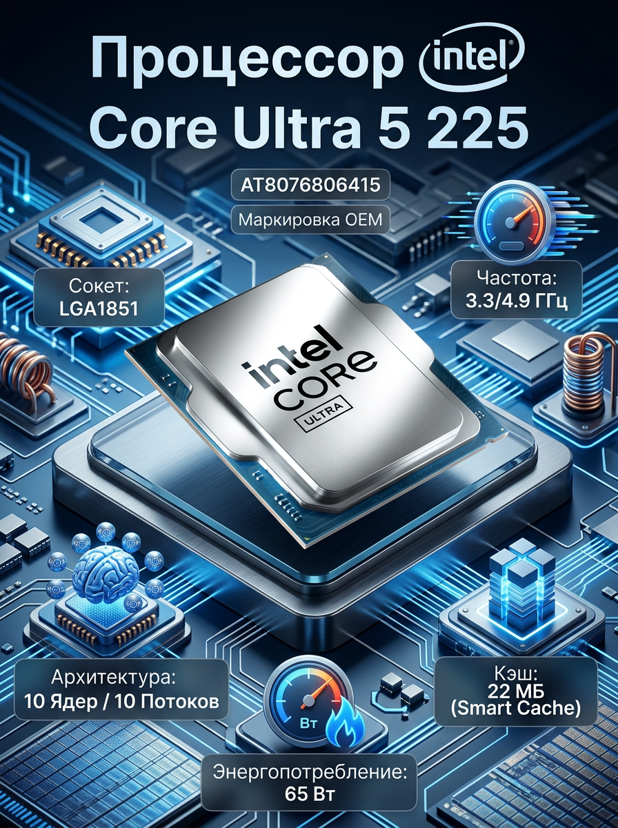 Процессор Intel Core Ultra 5 225 (CPU LGA1851, Arrow Lake, 10C/10T, 3.3/4.9GHz, 22MB, 65W), AT8076806415, OEM