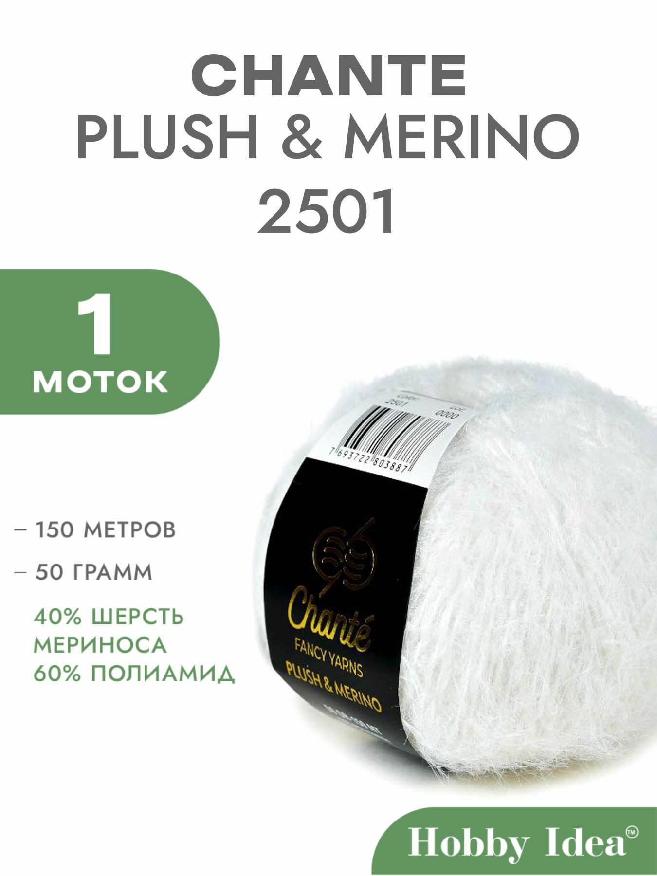 Пряжа Chante Plush & Merino 2501 Белый 1 моток (Нитки пушистые Шантэ Плюш и Мерино)