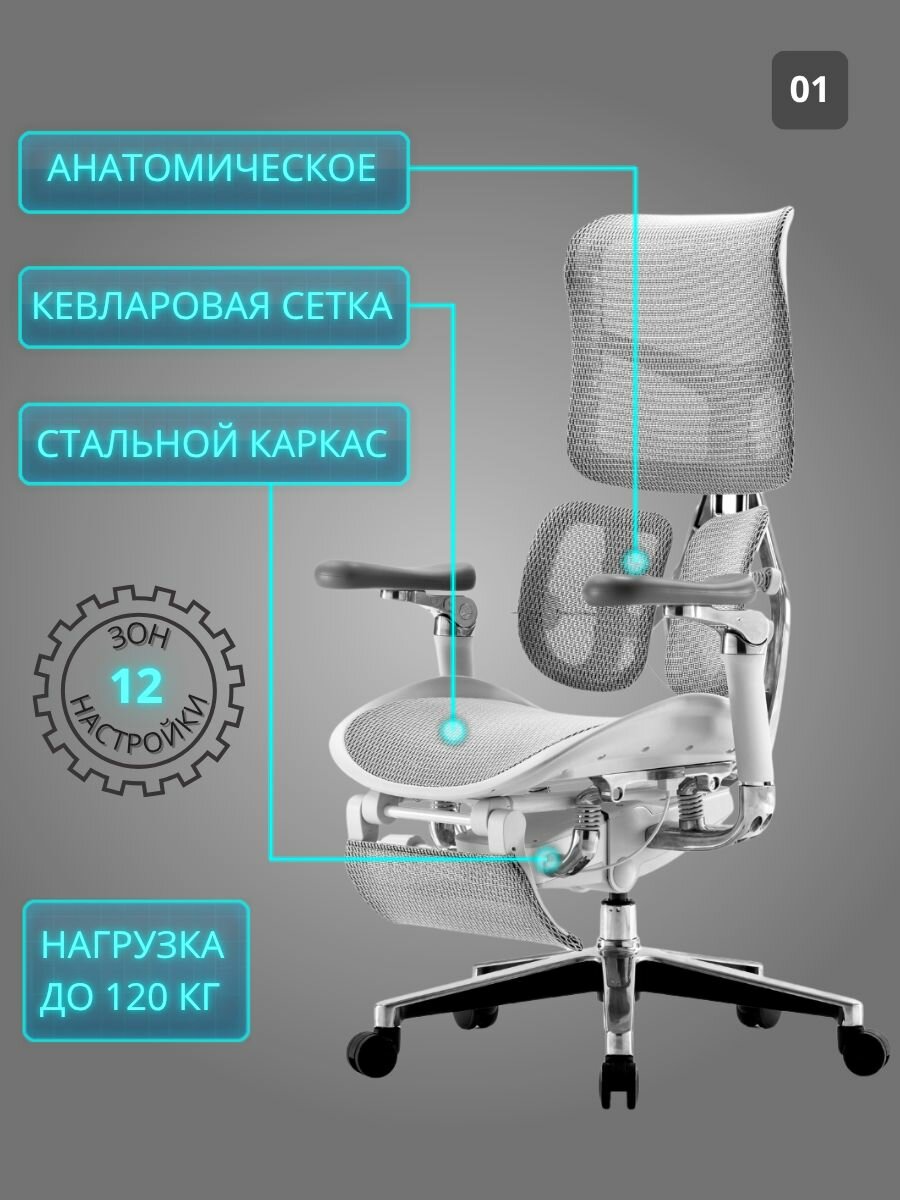 Кресло компьютерное офисное SIHOO Doro S300 с подножкой для ног (белое, каркас светлый) ортопедическое для руководителя, игровое, на колесиках, эргономичное анатомическое, арт. AU-1B-102-WT
