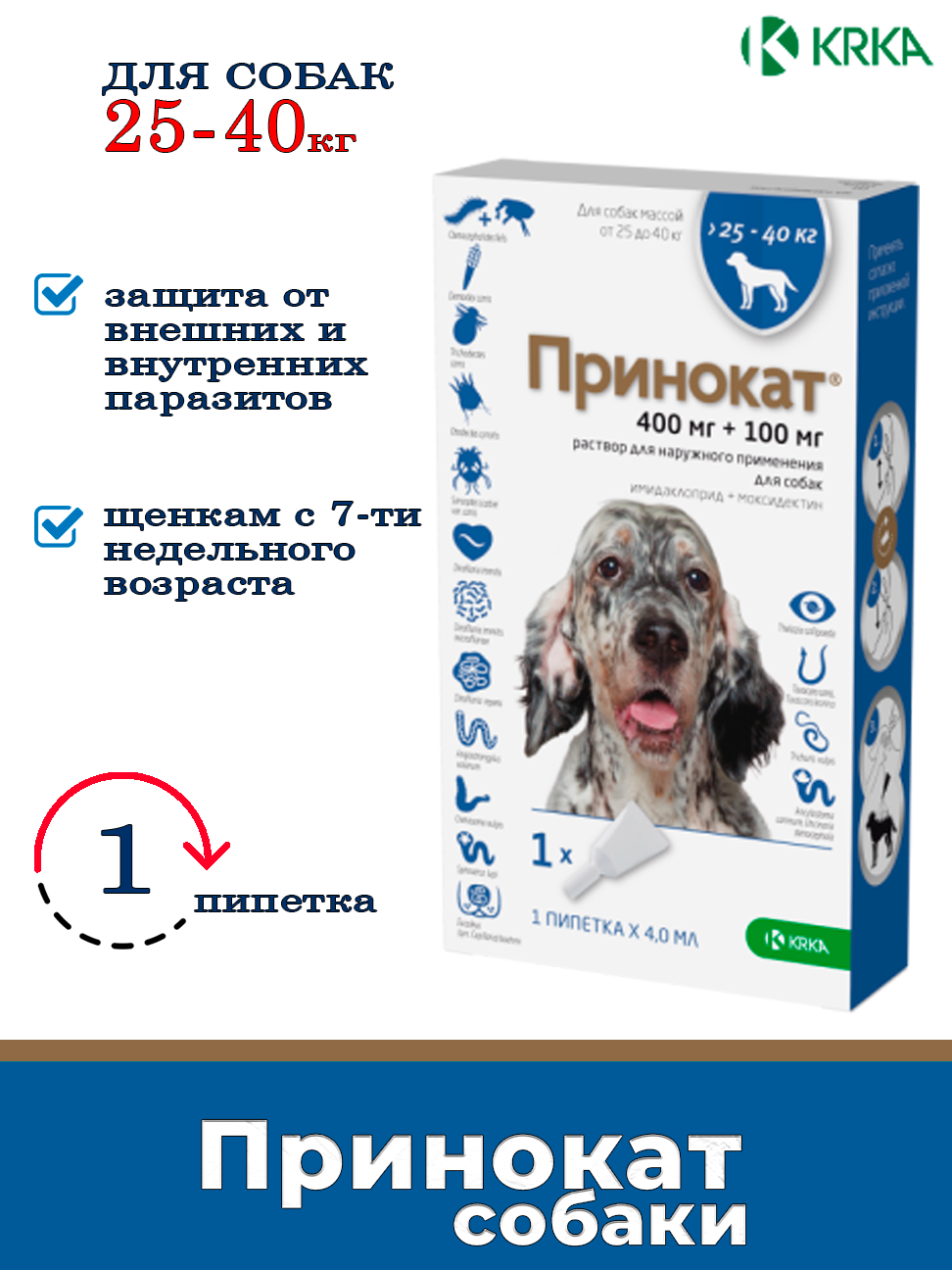 Принокат для собак весом 25-40 кг, 400/100мг, 4мл капли против блох