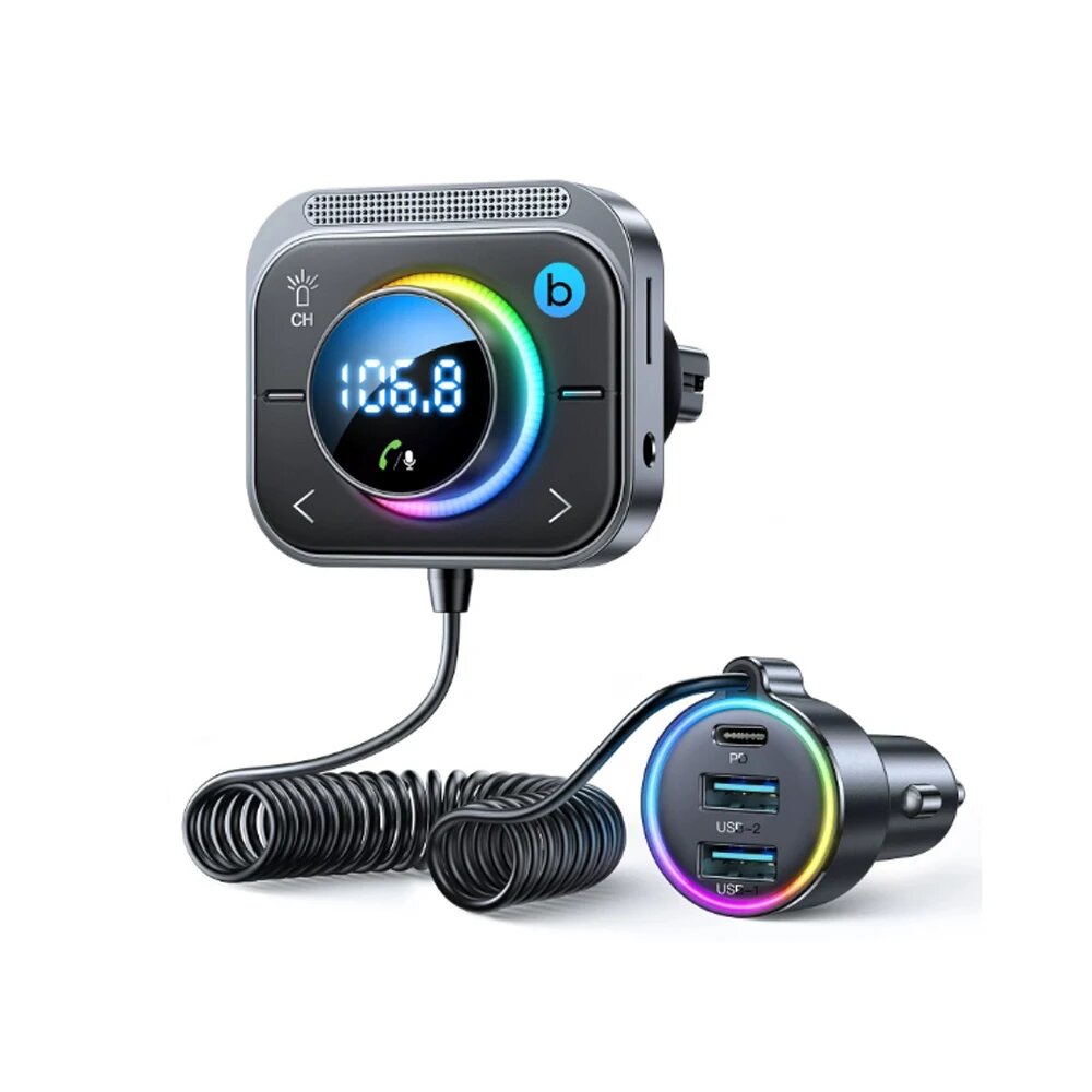 Bluetooth 5,3 FM-передатчик AUX Автомобильный адаптер Аудио FM-передатчик Bass Boost 3 порта PD & QC 3.0 FM Быстрое зарядное устройство Bluetooth