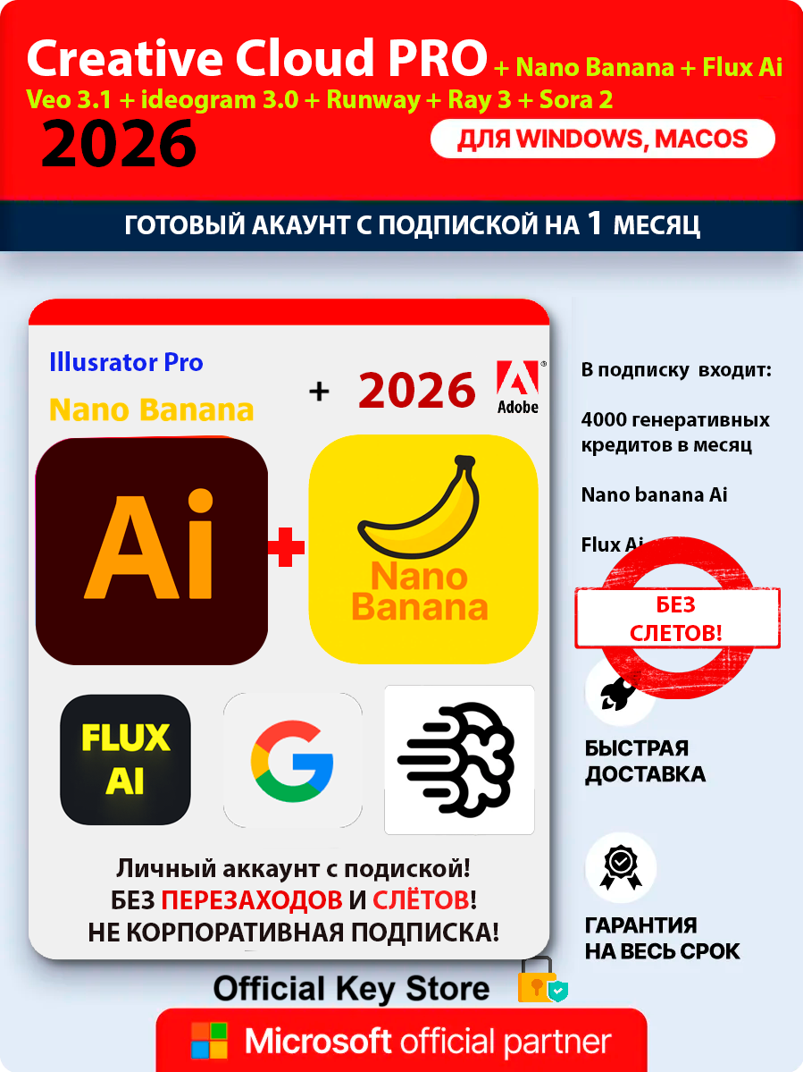 Illustrator Pro 2026 с нейросетями Nano Banana, Veo 3.1, Ideogram, готовый аккаунт с подпиской на 1 месяц, 4000 кредитов