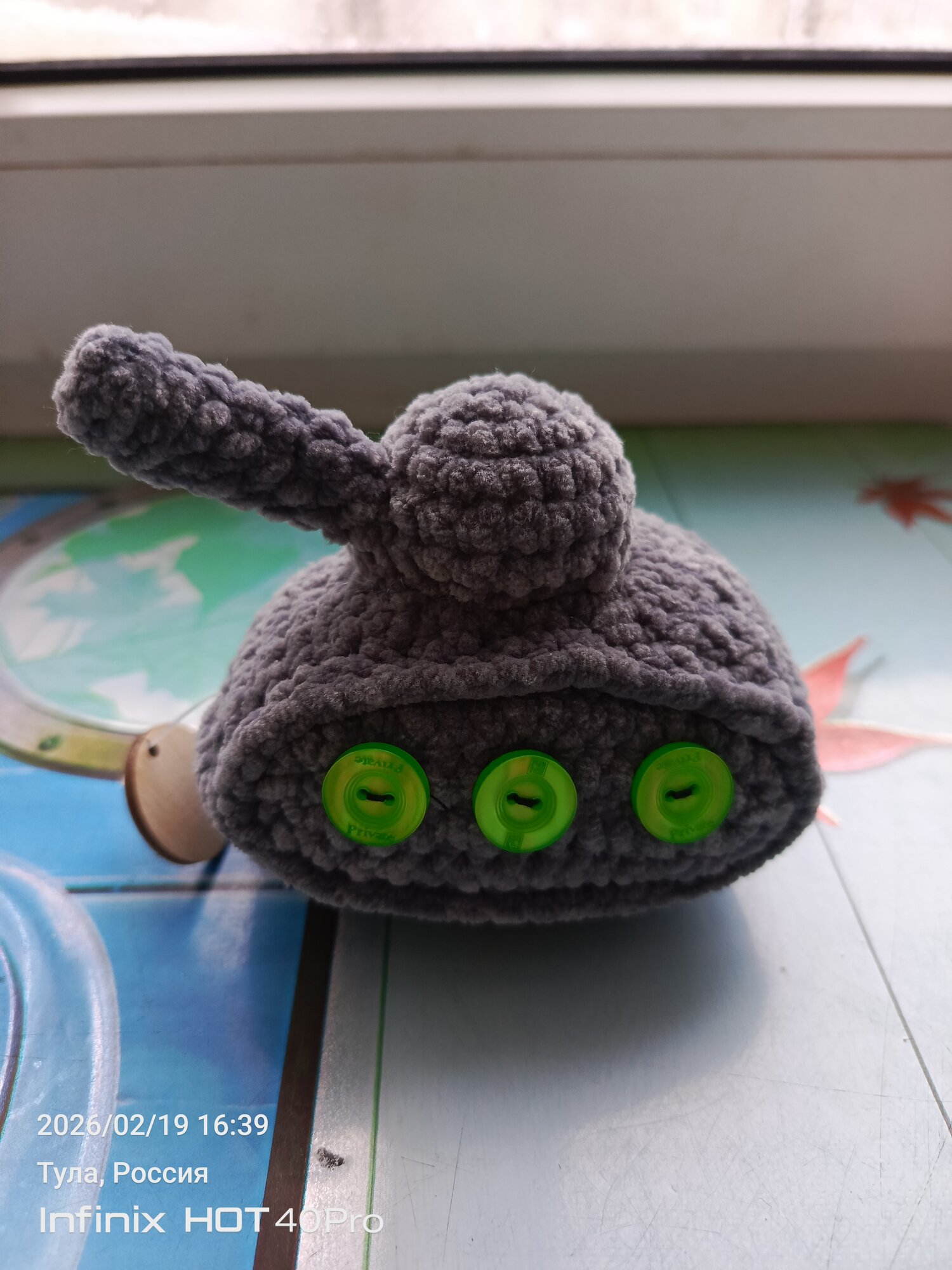 Мягкая игрушка "Танк", ручная работа, плюш, цвет серый/желтый/зеленый