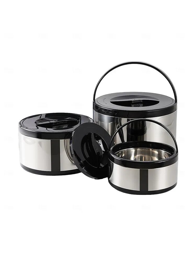 Набор термокастрюль из нержавеющей стали с крышкой и ручкой (2л, 4л, 8л), для дома и офиса, черный цвет
