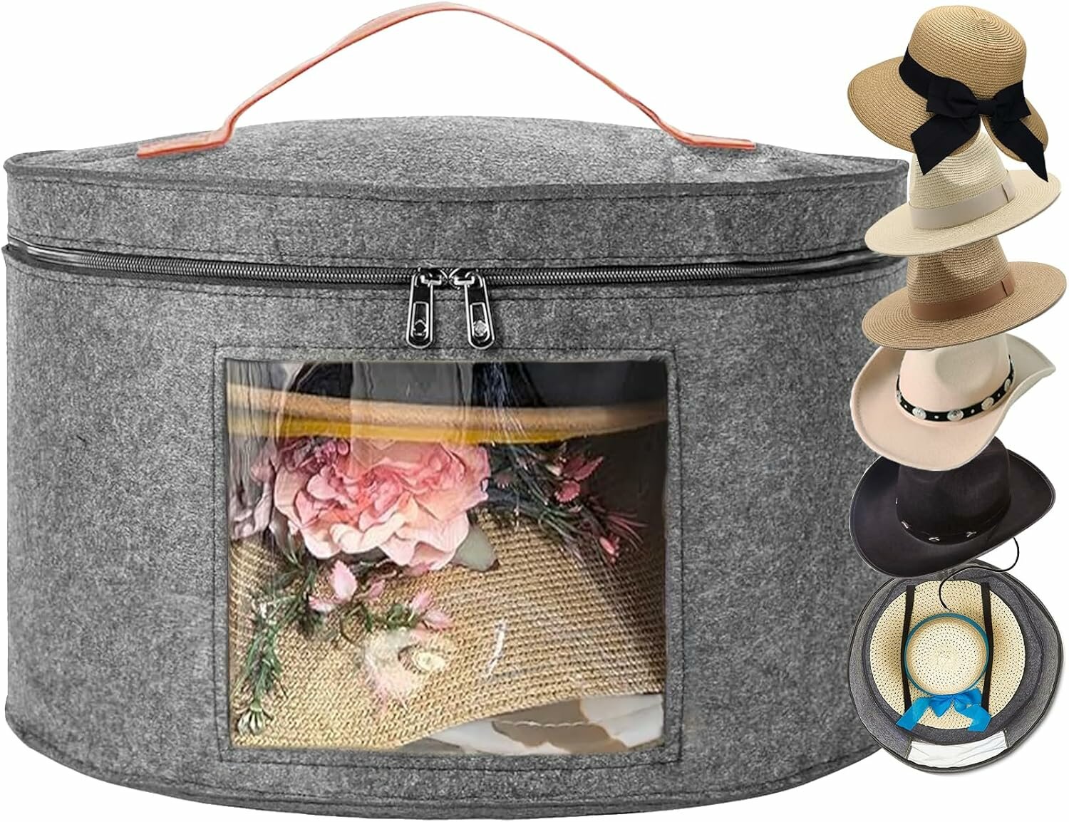 Хранилище для женских шапок, Травел-бокс для шапок, Органайзер для шапок, Держатель для ковбойских шапок, Чехол для шапок, Диаметр 17 дюймов, Высота 11 дюймов, Материал фетр, Прозрачная дверь, Складной дизайн
