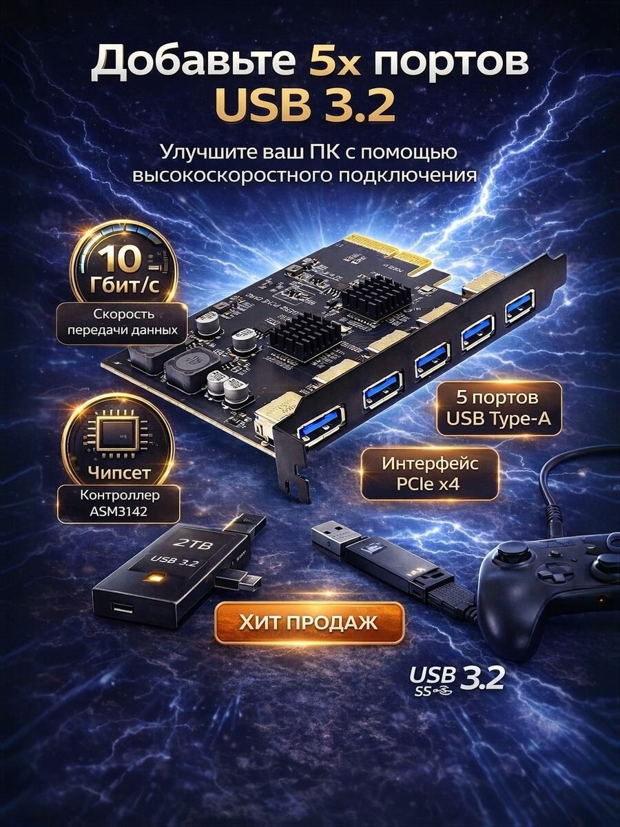 Контроллер PCIe x4 v3.0 (ASM3142+VL822) USB 3.2 Gen2x1, 5xUSB-A (ORIENT AM-U3142PE-5A)