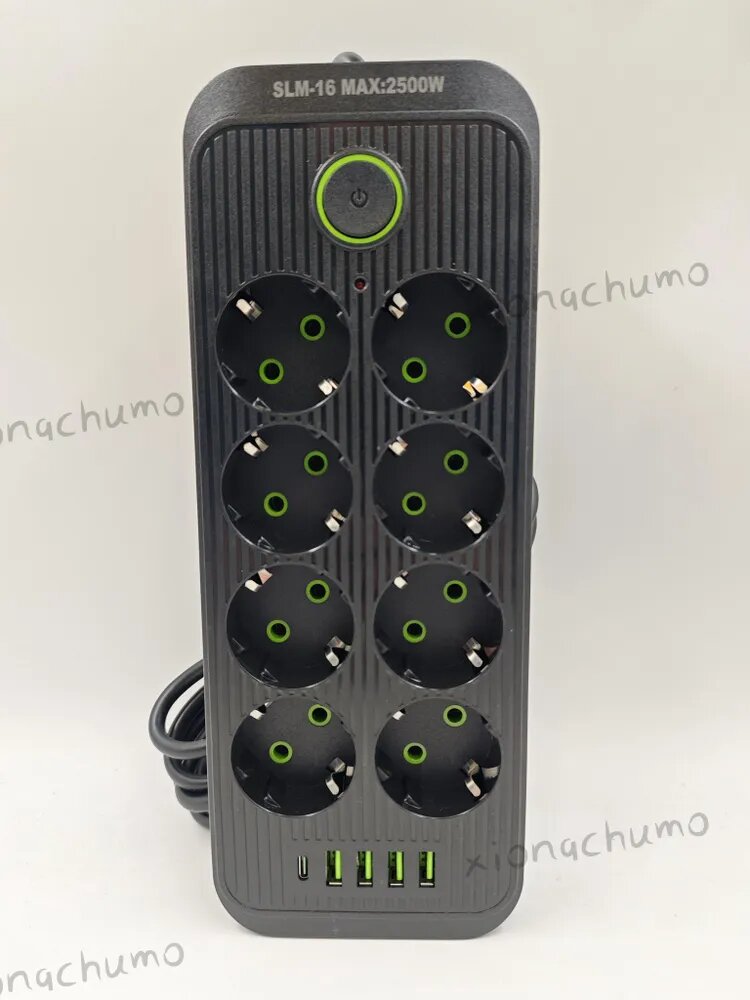Сетевой фильтр 2025 с 8 розетками, 4 USB Type-C, длиной 2 метра, черного цвета — фото 1