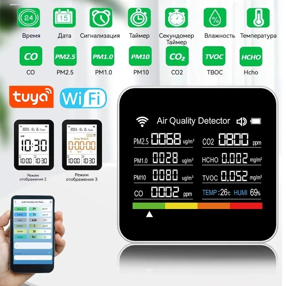 Tuya Wi-Fi Smart многофункциональный датчик качества воздуха "14 в одном", Может определять CO, CO2, формальдегид, TVOC, PM2.5, температуру, влажность