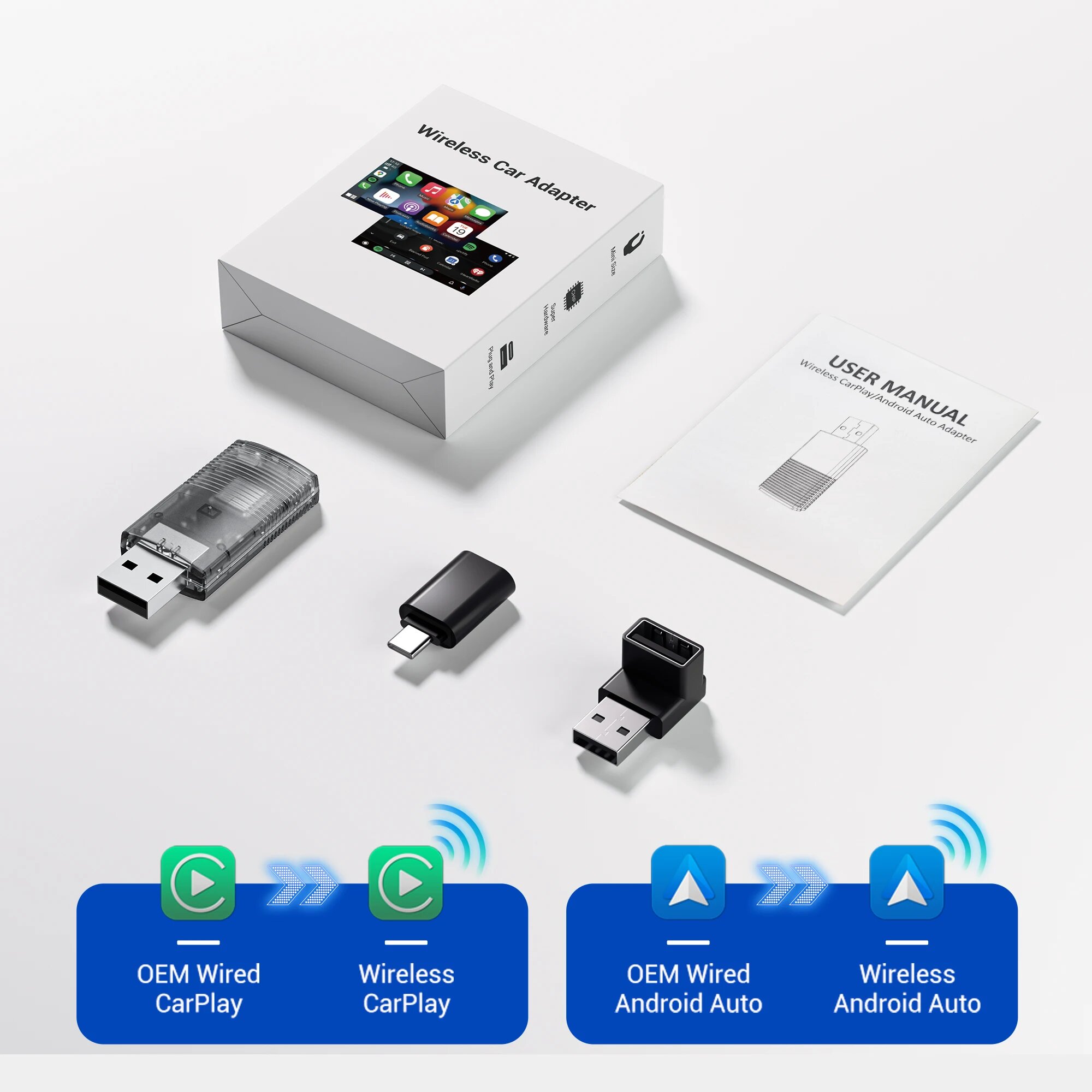 OTTOCAST Mini Slim Cube Беспроводной адаптер CarPlay Android Auto 2 в 1 USB AI Автомобильные NO LOGO