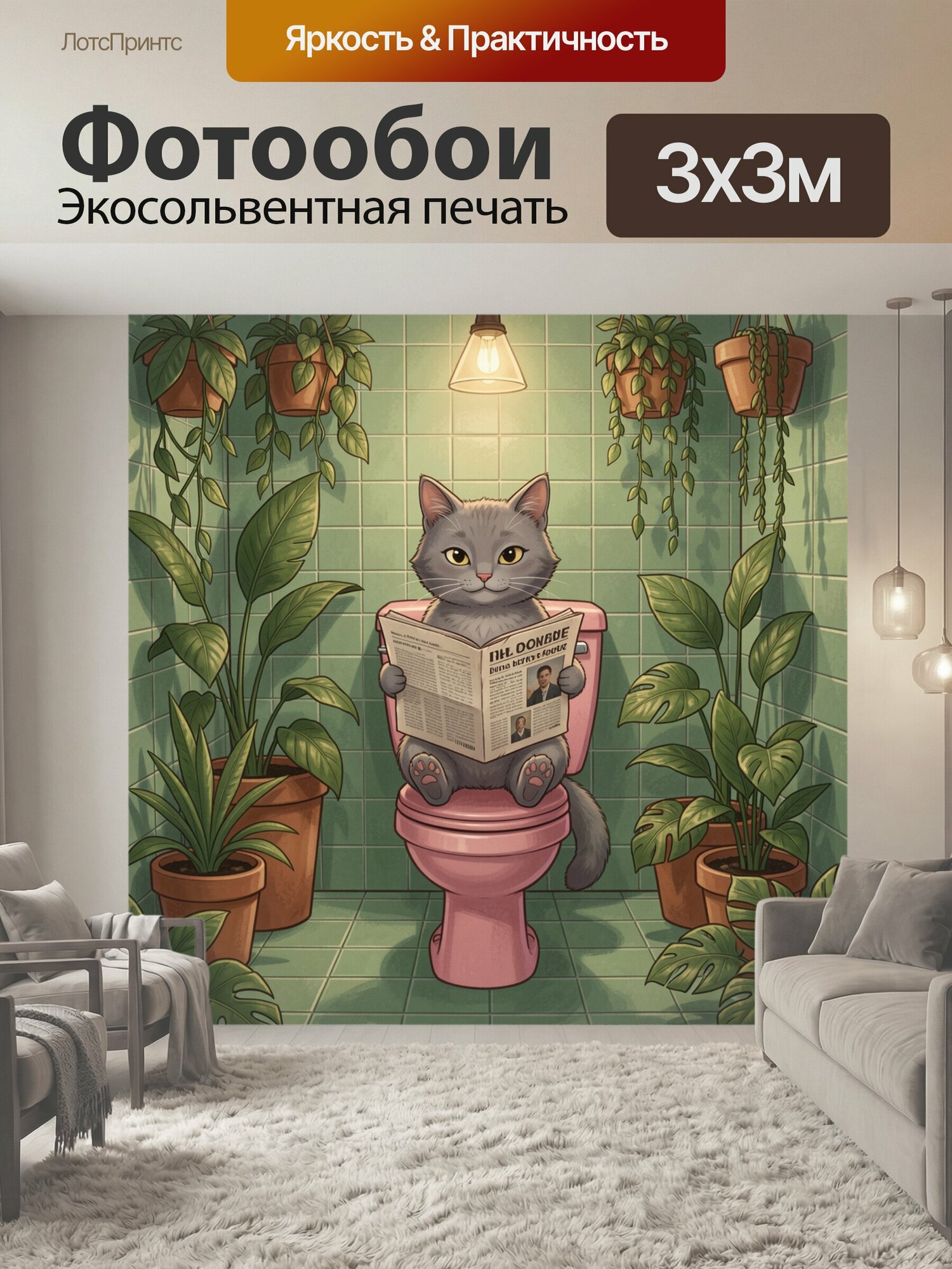 Фотообои "Кот с газетой в ванной комнате. Милый серый котёнок сидит на розовом унитазе и читает газету среди комнатных растений. Уютная." 300x300 см. экосольвентная печать