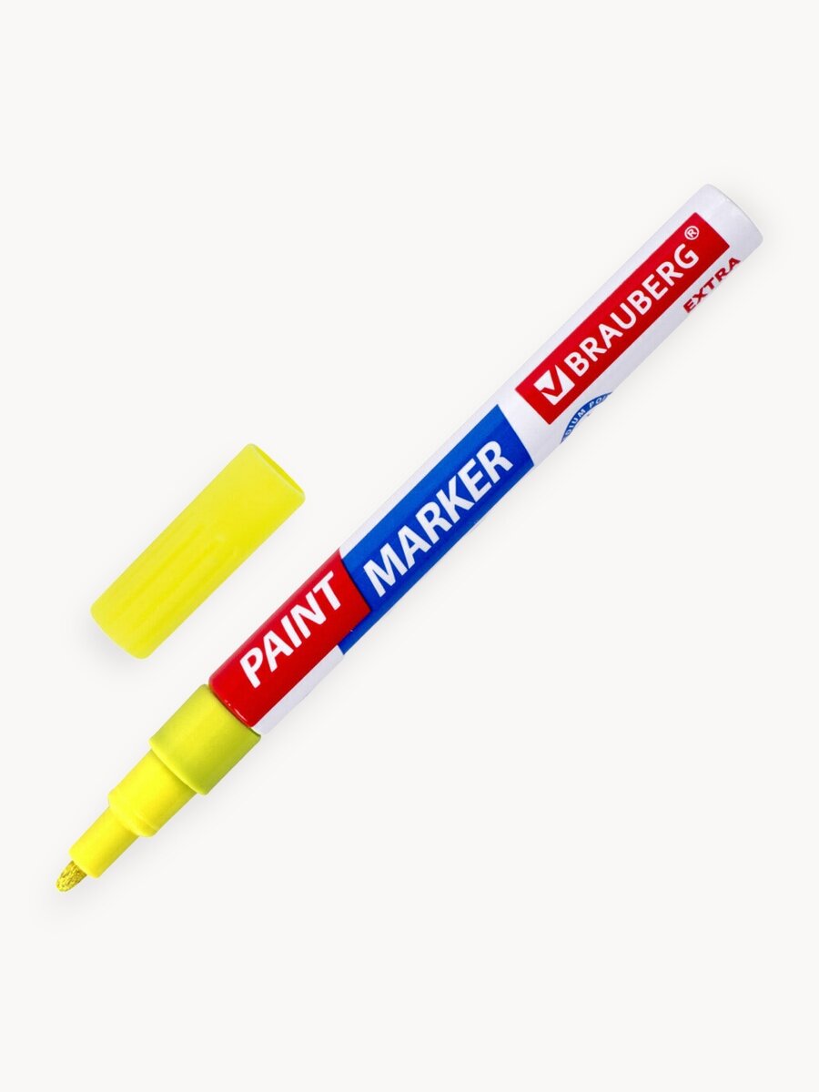 Маркер краска лаковый paint marker 2 мм строительный желтый, фломастер, усиленная нитро основа, Brauberg Extra, 151973