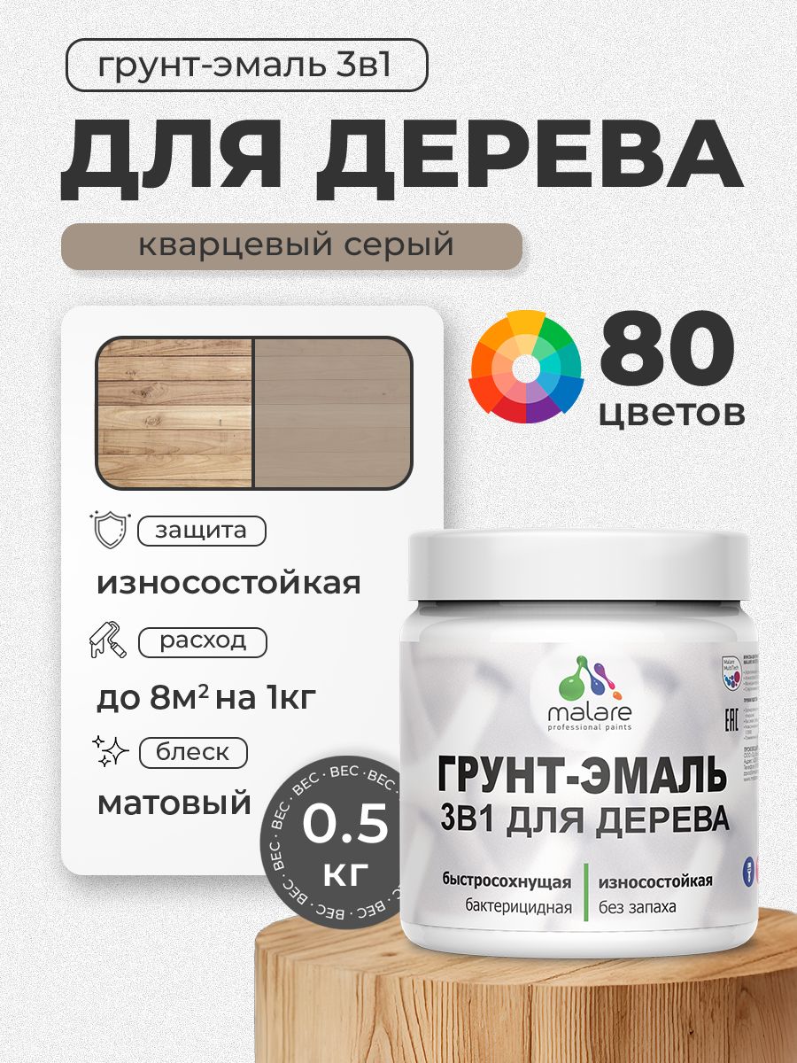 Акриловая Грунт-Эмаль 3 в 1 Malare для деревянных поверхностей/ краска по дереву с антисептическим эффектом/ быстросохнущая моющаяся без запаха матовая, кварцевый серый, 0.5 кг