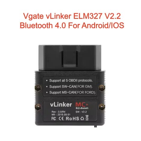 Диагностический сканер Vgate Vlinker MC+ ELM327 Bluetooth 4.0 OBD2 для Android/iOS, VLinker MC BT4.0