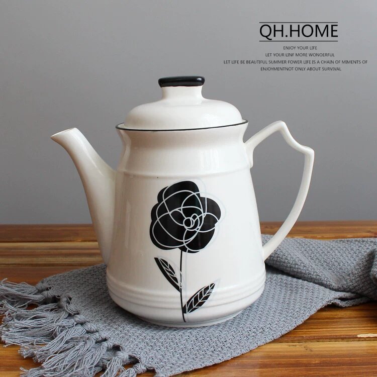 Одиночный керамический чайник Black and White Rose, элегантный кухонный аксессуар, минималистичный