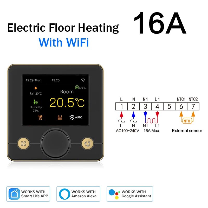 Tuya Smart Wi-Fi термостат для электрического/водяного/газового котла 16A Electric Heating
