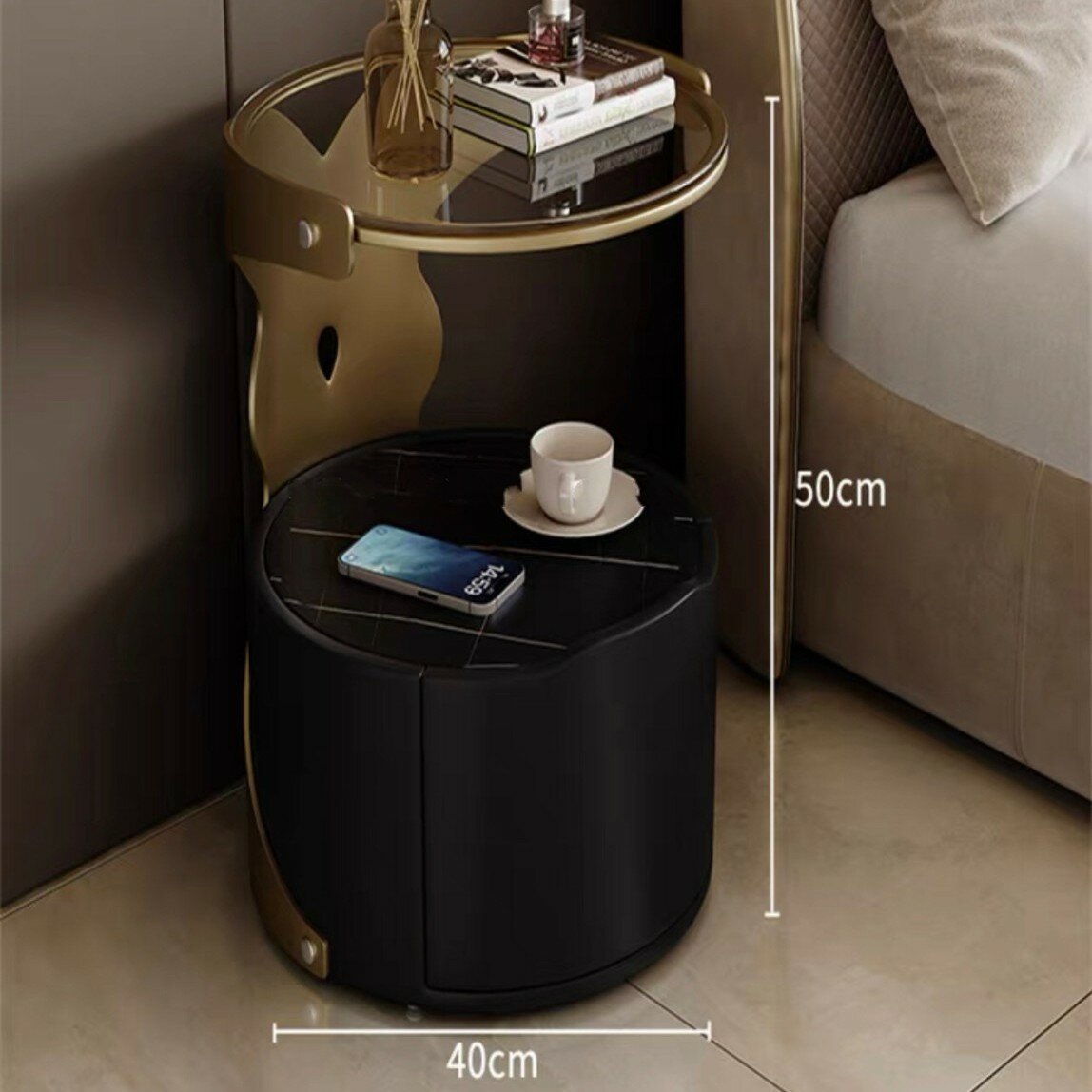 Прикроватная круглая тумбочка Rovigo (Черное основание / черная столешница)