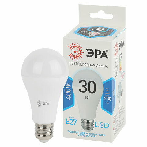 Лампа светодиодная ЭРА STD, 30 (230) Вт, цоколь E27, груша, нейтральный белый свет, 35000 ч, LED A65-30W-840-E27, Б0048016