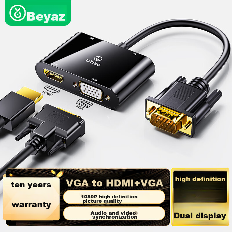Biaze VGA to HDMI + VGA Converter with Audio, 1-To Splitter, HD Video Extender, Screen Mirroring Device, One Input Two Outputs, for Connecting Desktop Computers to TVs And Projectors