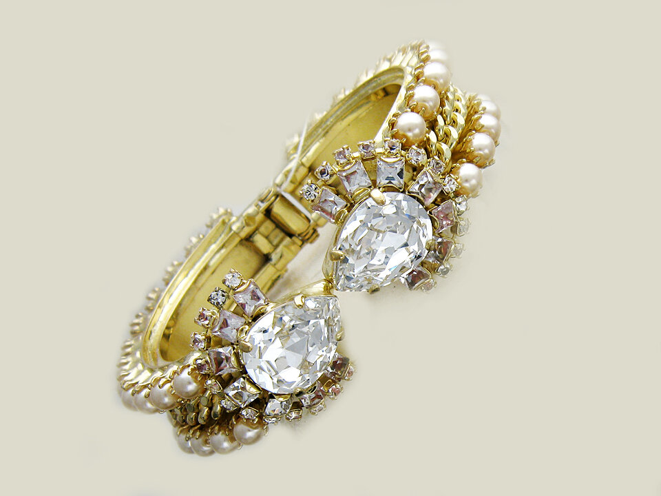 Браслет, стекло, кристаллы Swarovski, жемчуг имитация