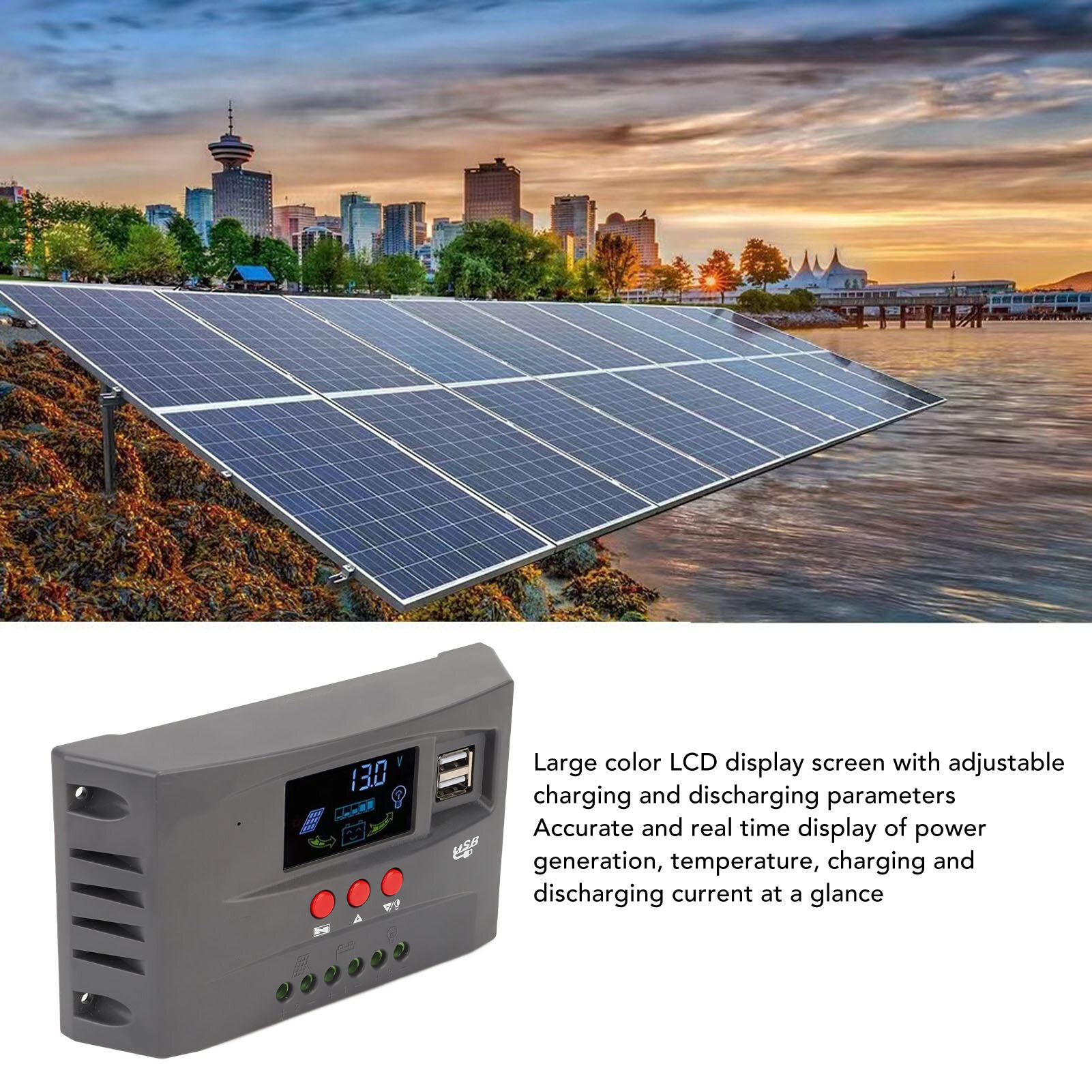 Контроллер солнечного заряда MPPT, отслеживающая зарядка, 12 В, 24 В, автоматическая адаптация, ЖК-регулятор солнечной панели с 2 USB постоянного тока, 40 А