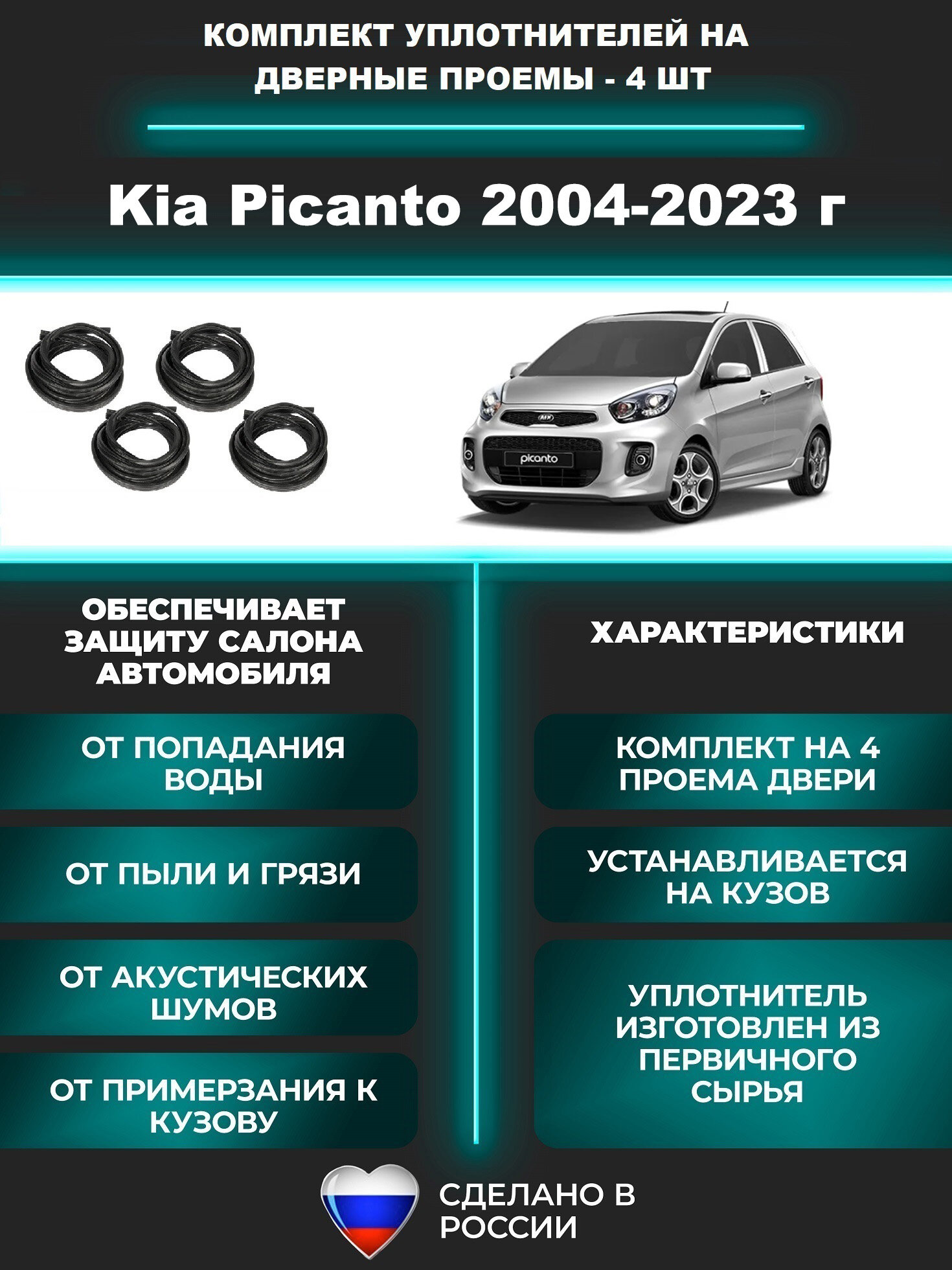 Комплект уплотнителей на проем дверей для Kia Picanto 2004-2023 год / Киа Пиканто (на 4 двери)