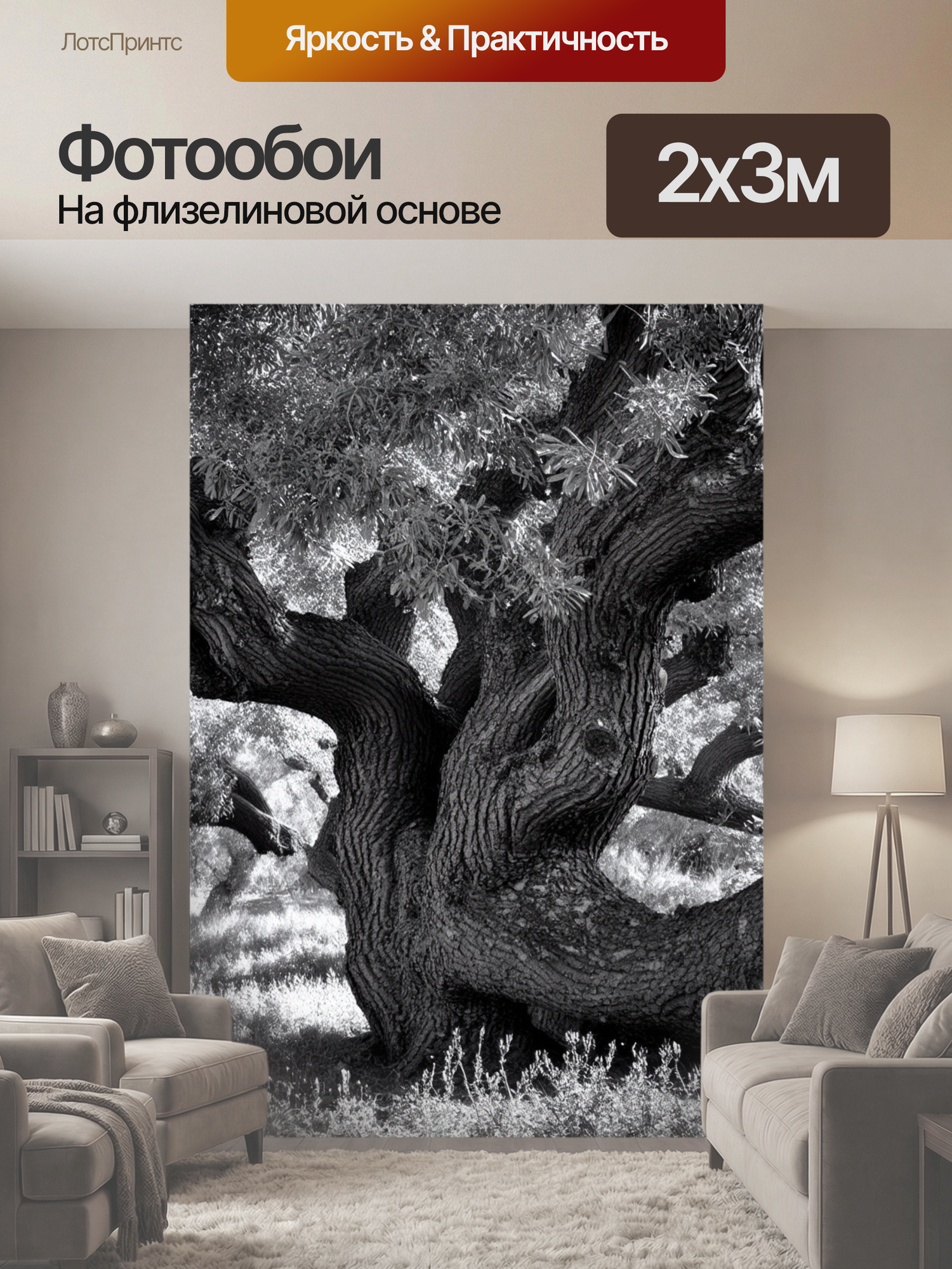 Фотообои "Прованс: старинные оливковые деревья с изогнутыми стволами, спрятанные среди зелени. стиль: фотография в черно-белом с глубокими тенями." 200x300 см. экосольвентная печать