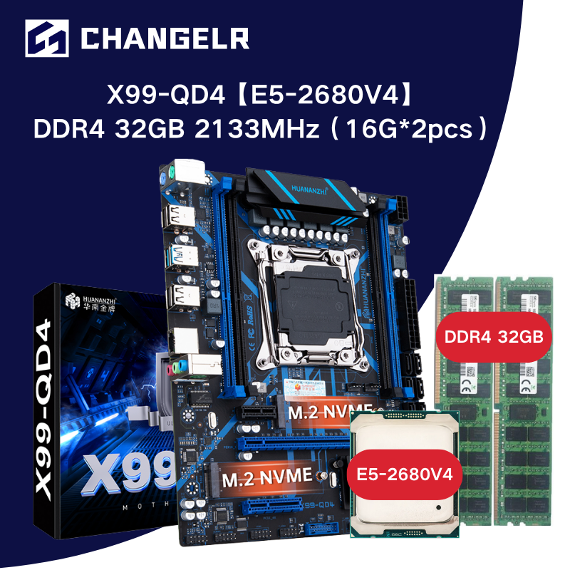 HUANANZHI X99-QD4 Материнские платы E5-2680v4 CPU LGA2011-3 DDR4 32GB 2133MHz (16GB*2pcs) RAM Компонентный компьютер