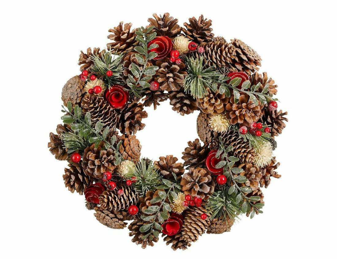 Декоративный малый, натуральные шишки, хвойные ветки, искусственные ягоды и цветы, 34 см, Edelman