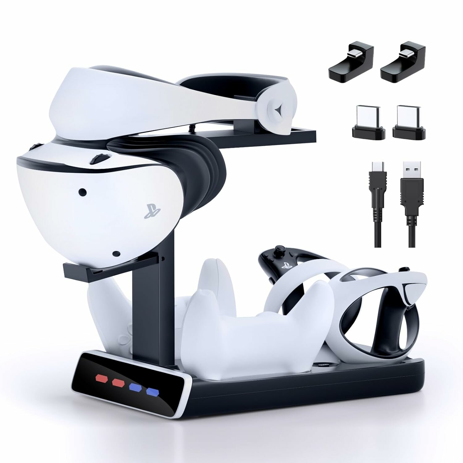 3-в-1 Зарядная Станция для PSVR2 и PS5 с LED-Подсветкой и Магнитными Замками: Док-Станция для Контроллеров и Хранения VR-Шлема