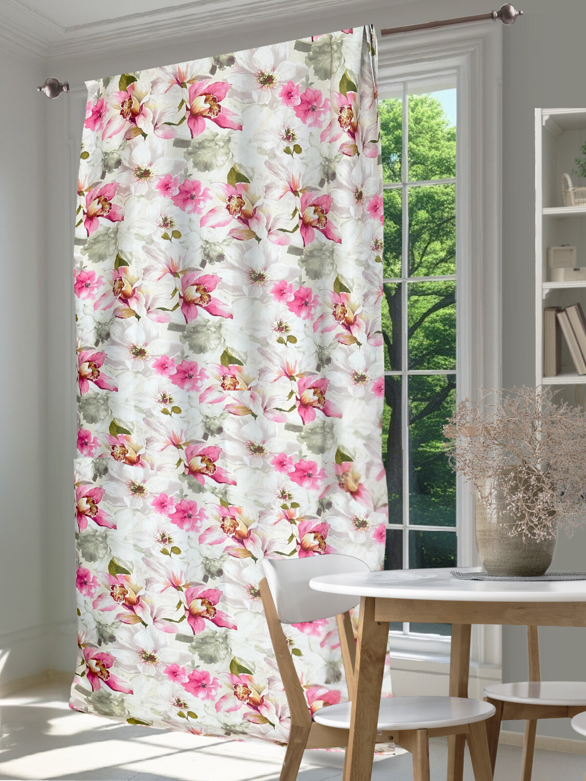 Штора блэкаут с рисунком для спальни и гостиной "Галант Шторы" 150х270 - 1 шт, на ленте, розовый, цветы.