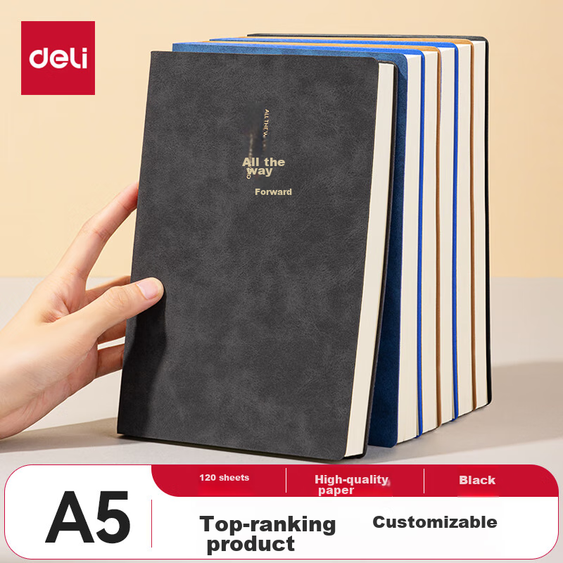 Deli A5 Lambskin Notebook, Leather Cover, Business Office Journal, Stylish Writing Series (One Way Forward), 120 Sheets, BP103 Black