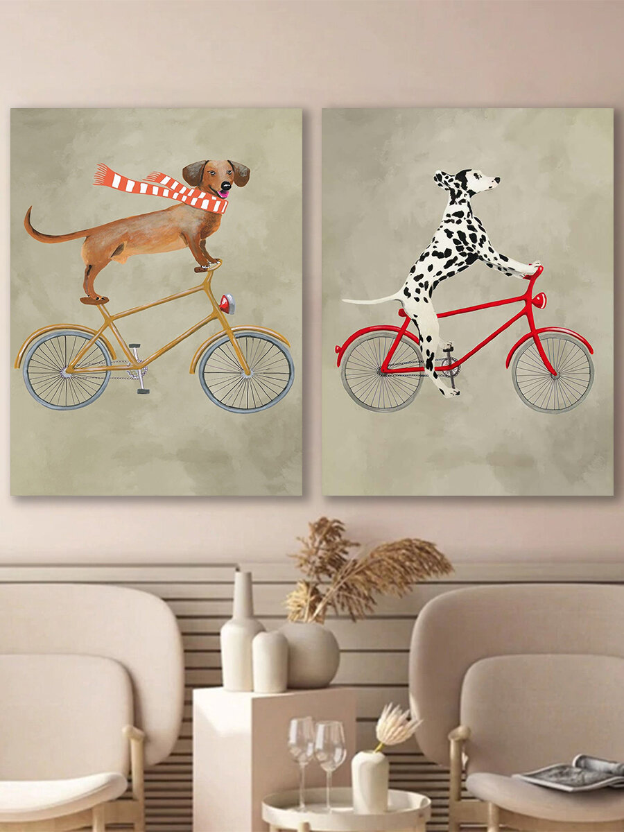 Модульные картины на стену / диптих - "Собаки на велосипеде", картина 2 шт, модуль 40х60 см