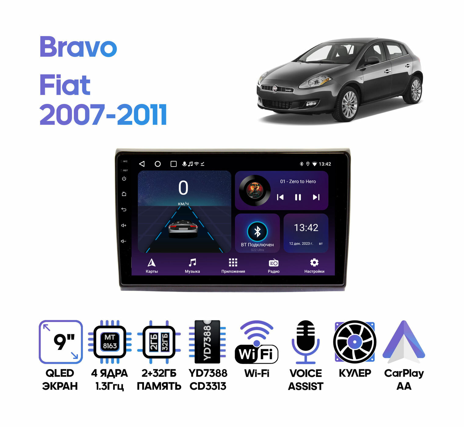 Магнитола Fiat Bravo 2007 - 2011 / 9 дюймов, 2/64GB, 4 ядра, Wi-Fi, Android 9 / Wide Media
