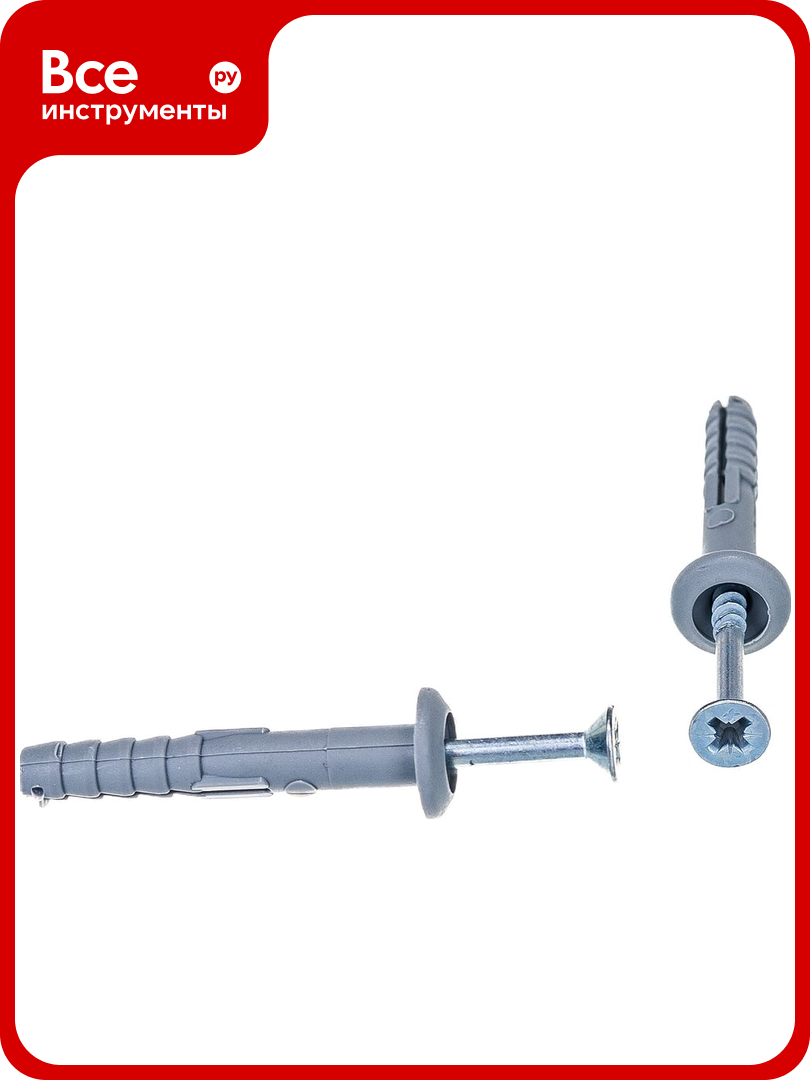 Дюбель‑гвоздь Tech‑Krep с полипропиленовым корпусом, углеродистой сталью и грибовидной манжетой для надёжного крепления