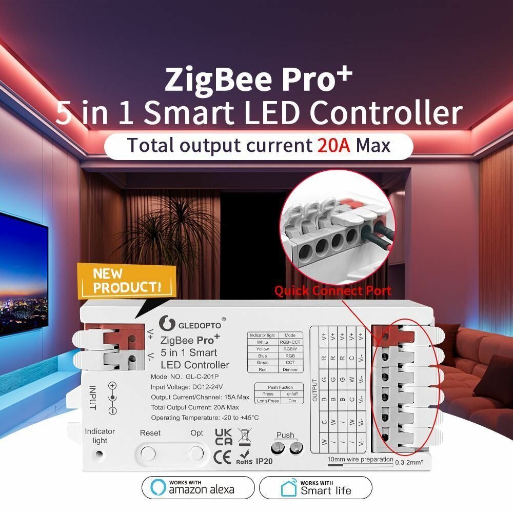 GLEDOPTO ZigBee 3.0 Pro + контроллер светодиодной ленты 5 в 1, 20A Max, пять режимов затемнения, Голосовое управление с помощью смарт-приложения Alexa Homey Tuya