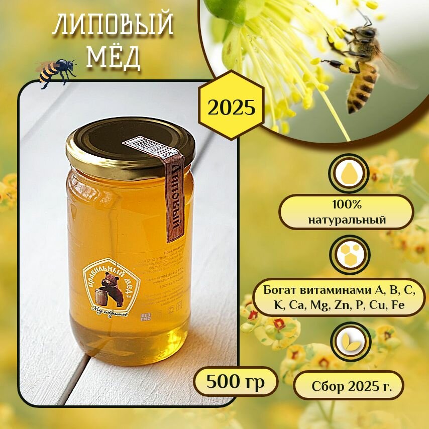 Мёд натуральный Липовый 500гр. (сбор 2025г.), Правильный мёд