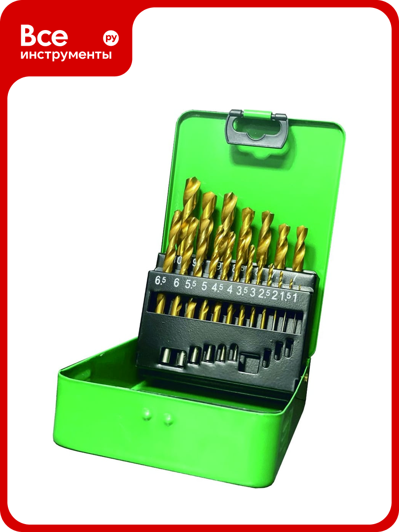 Набор, Р6М5, сверл по металлу в металлическом кейсе Р6М5, А1, титановое покрытие, 19 шт, 1-10x0.5 мм Резолюкс 26519