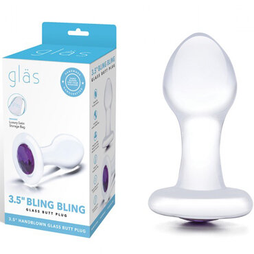 Glas Butt Plug 3,5" Bling Bling, прозрачный/фиолетовый Стеклянная анальная пробка со стразом