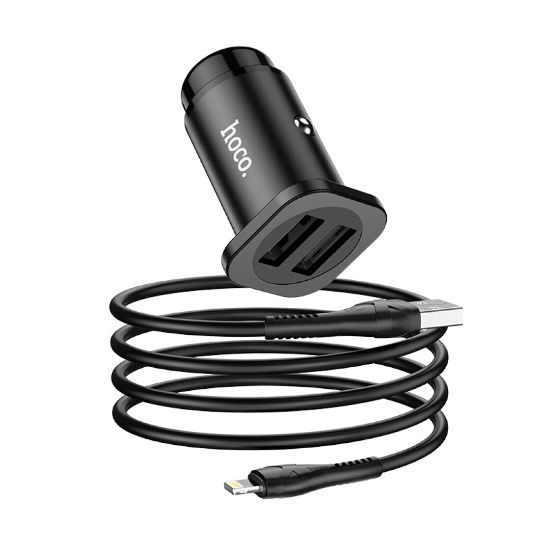 Автомобильное зарядное устройство, 2 USB 2.4A (NZ4), usb cable lightning, HOCO, черный