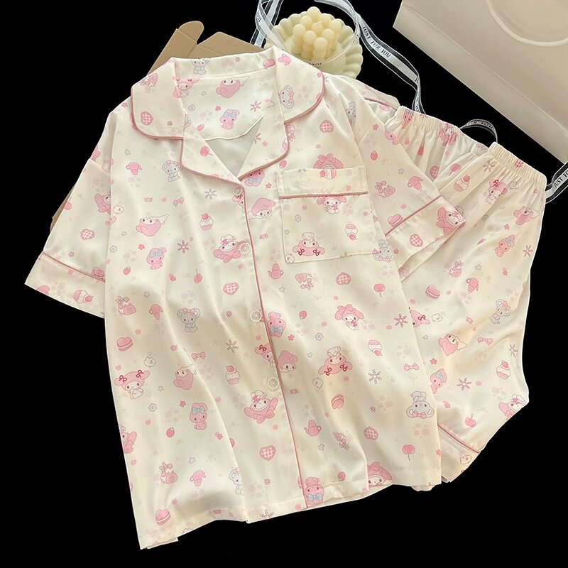 Пижама с короткими рукавами из розового милого шелка Hello Kitty для девочек, женская летняя одежда для отдыха, которую можно носить на улице, дома, летняя тонкая одежда