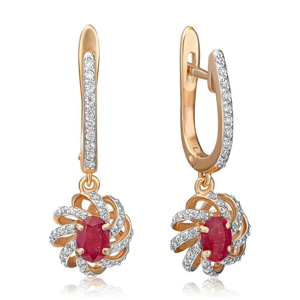 Серьги, красное золото, 585 проба, бриллиант, рубин