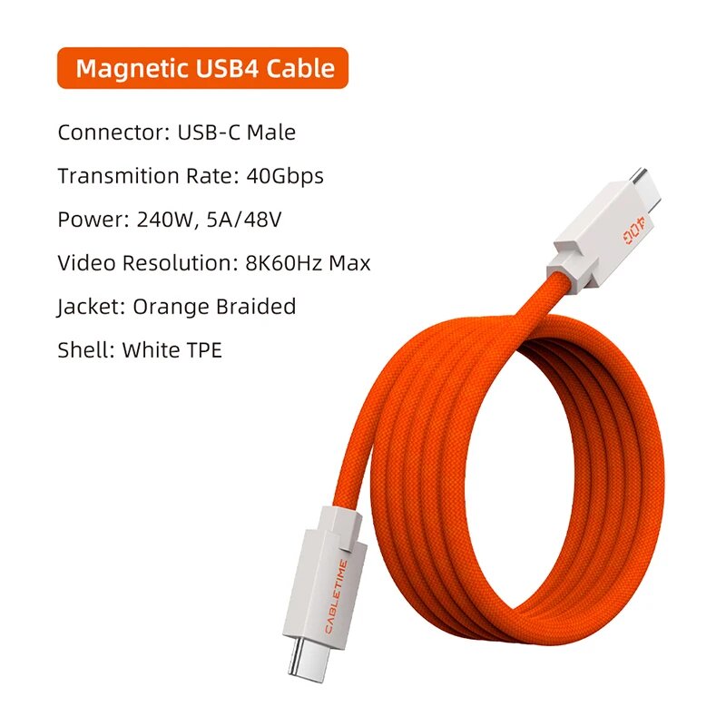 CABLETIME USB4 Magnetic USB-C кабель, Orange, 40Gbps, 240W, 8K