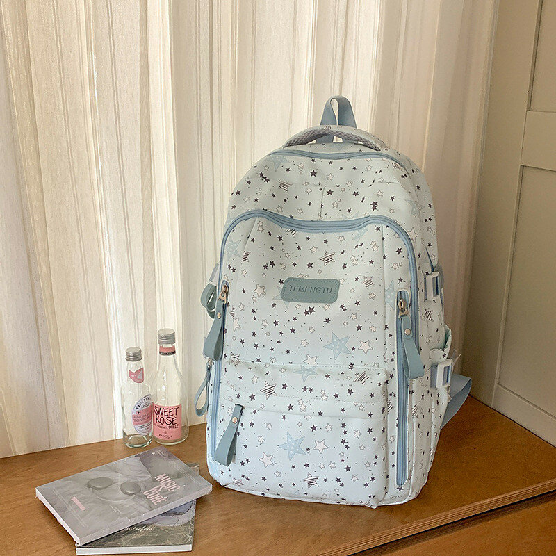 Fresh style nylon backpack with seam stitching and curved strap for casual outings, blue