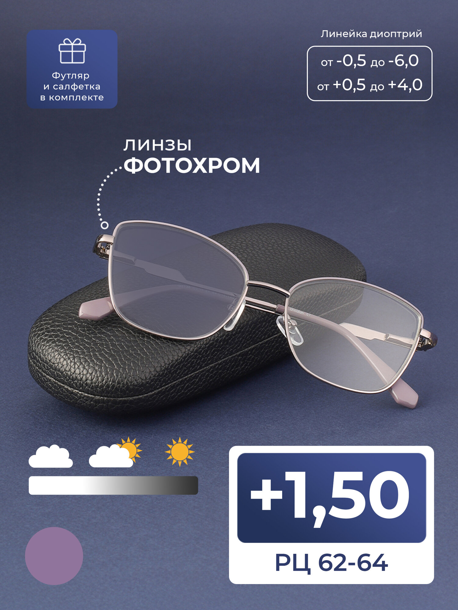 Очки для чтения хамелеоны женские (+1.50) GLODIATR 2138 C2, фотохром, UV-400, BLUE BLOCKER, цвет фиолетовый, с футляром, стигматические, РЦ 62-64