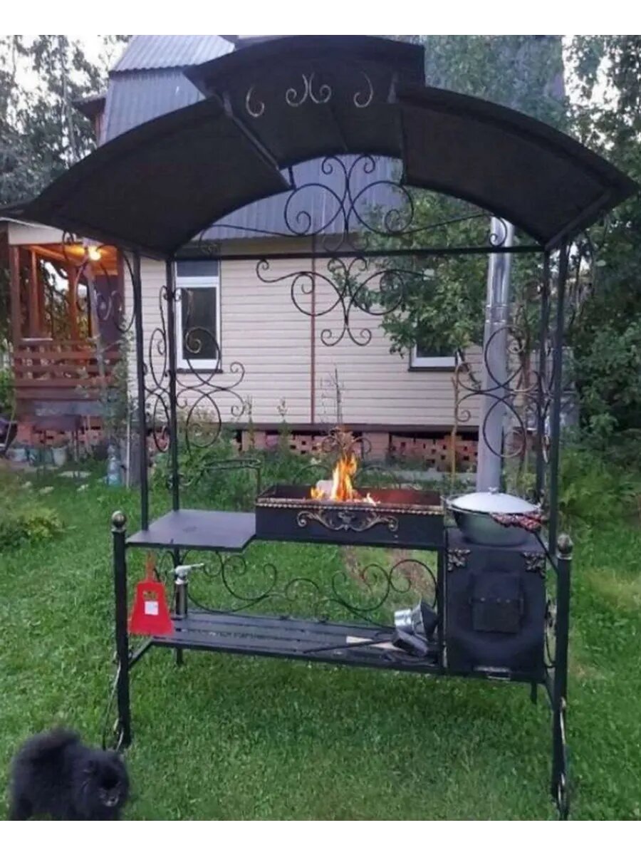 Большой мангал с крышей от дождя для дачи с печкой под казан