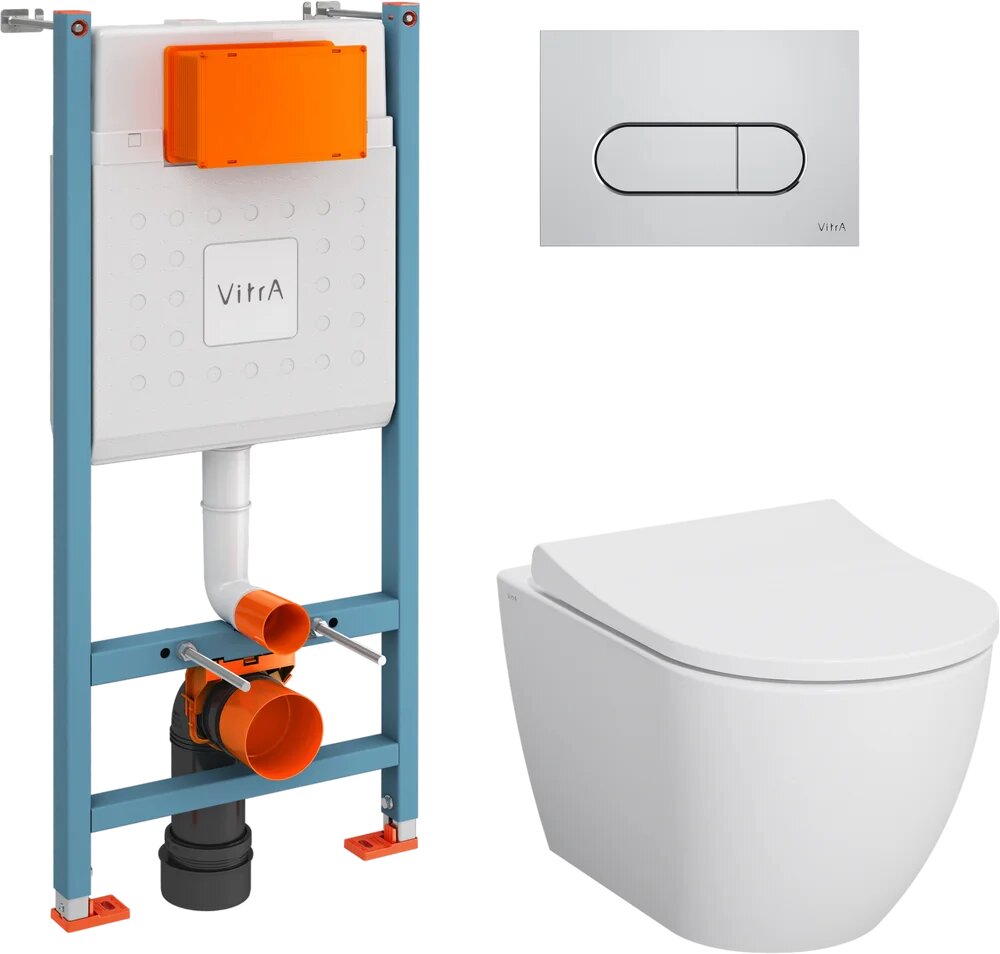 Комплект Унитаз подвесной VitrA Mia Round белый глянцевый / Крышка с микролифтом, петли хром / Инсталляция VitrA V-Fix Core, Кнопка смыва Root R 740-2280 хром