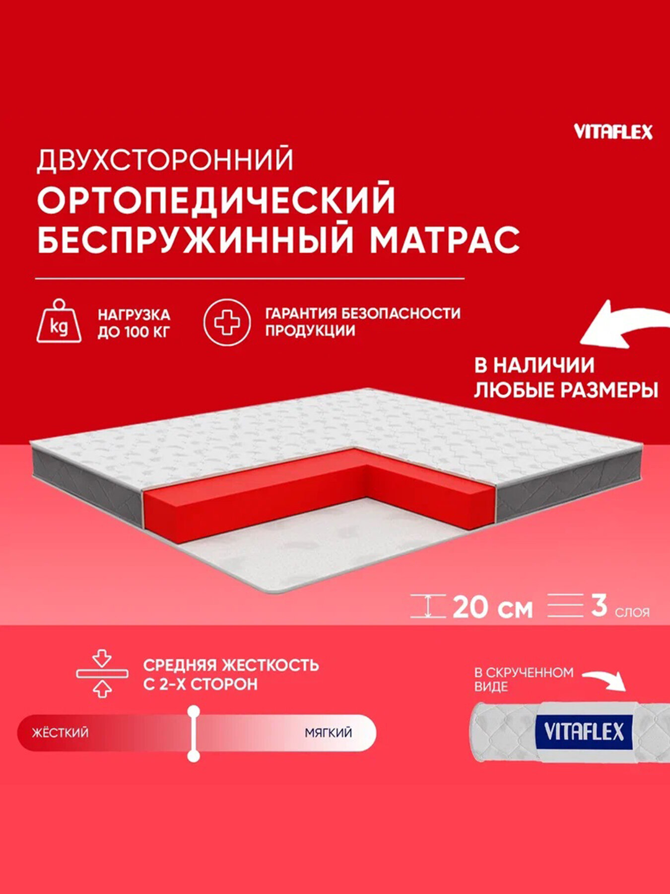 Матрас беспружинный 145х190 Vitaflex Anatomic Lux Tricot Sk средняя жесткость, анатомический, ППУ, в рулоне